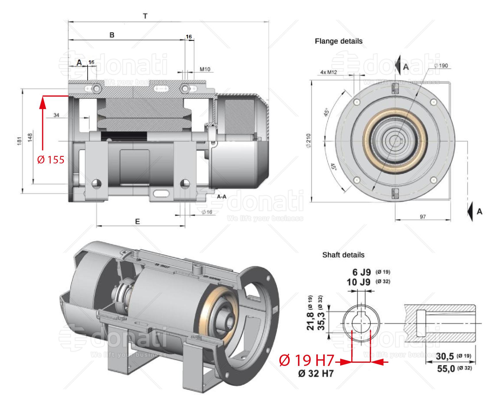 Motor ELMO 12kW, 400/690V, flange 155mm, shaft 19mm | Donati